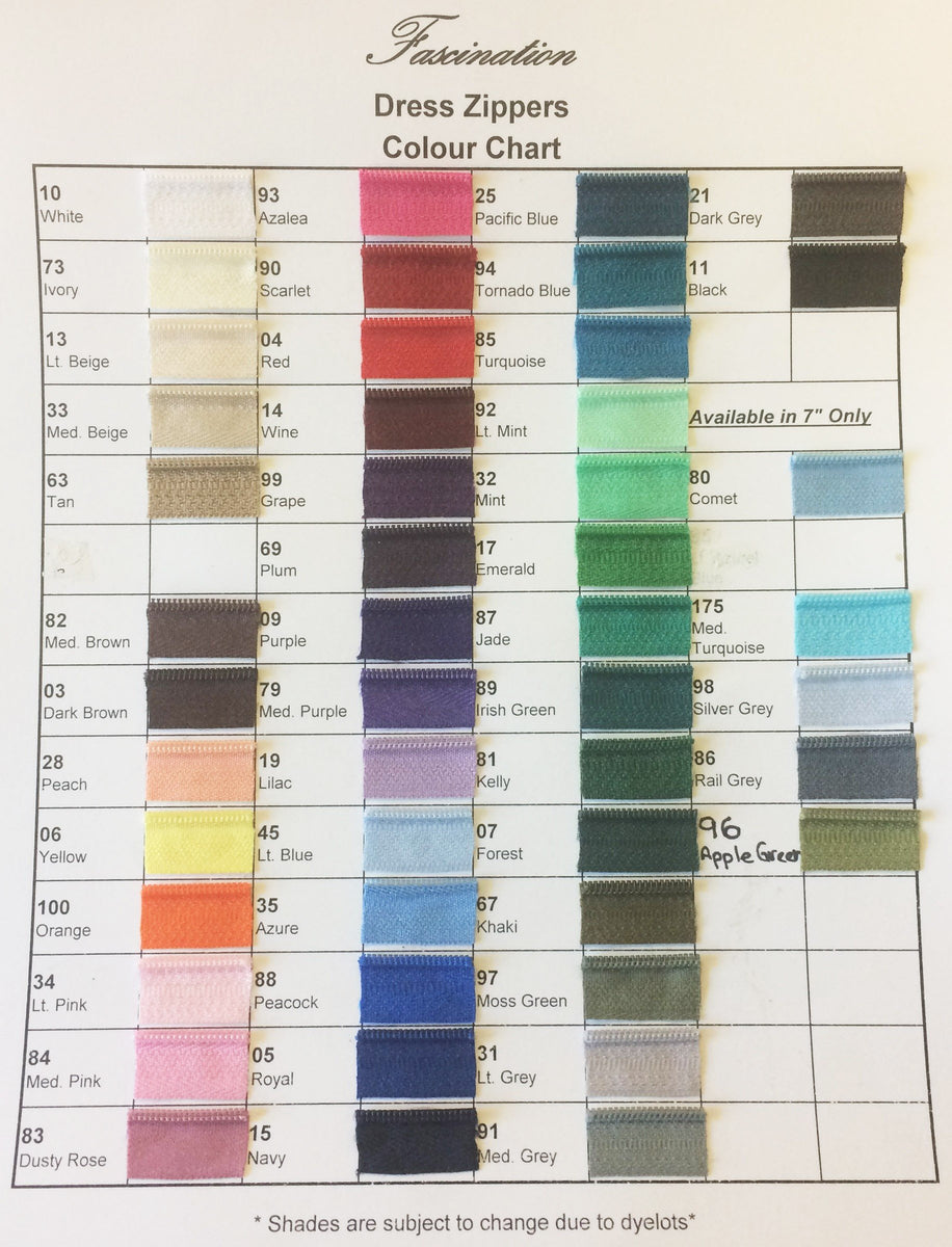 Dress Zippers Colour Chart – N. Jefferson Ltd.